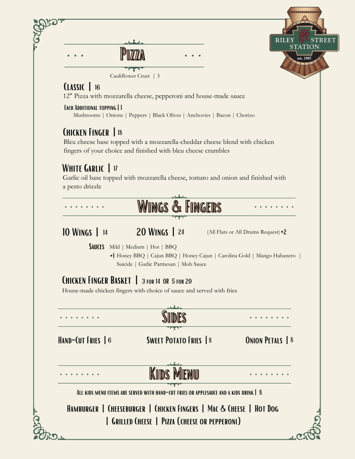 Menu | Riley Street Station